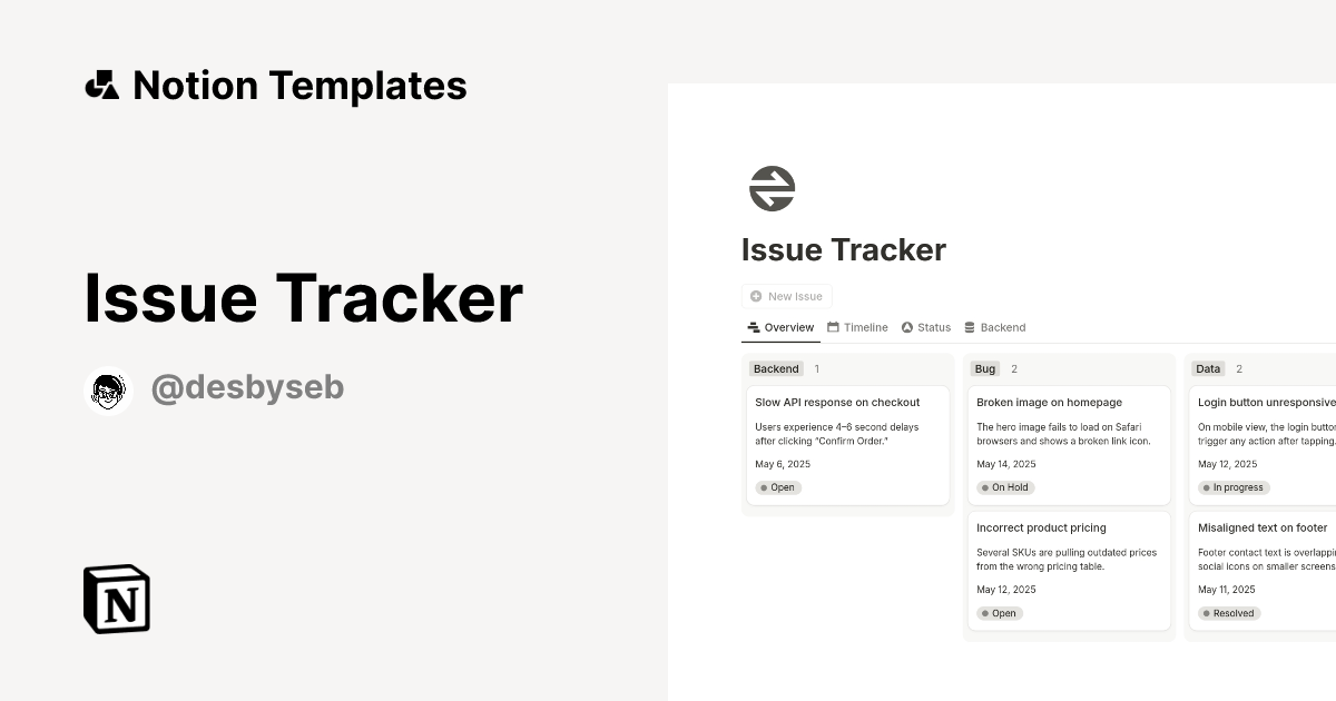 תבנית Issue Tracker | Marketplace של Notion