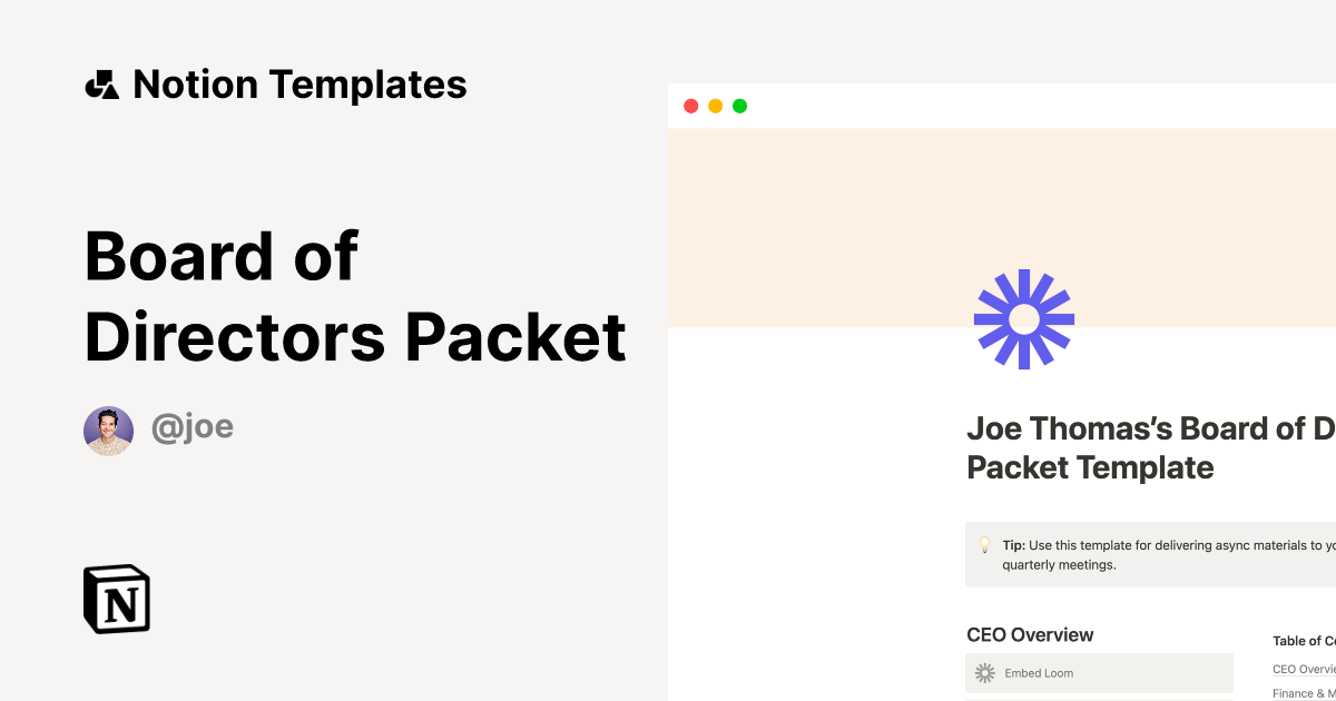 תבנית Board of Directors Packet מאת Joe Thomas | Marketplace של Notion