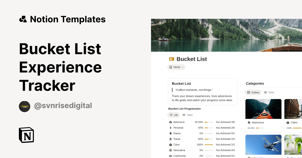 תבנית Bucket List Experience Tracker מאת Svnrise Digital | Marketplace ...