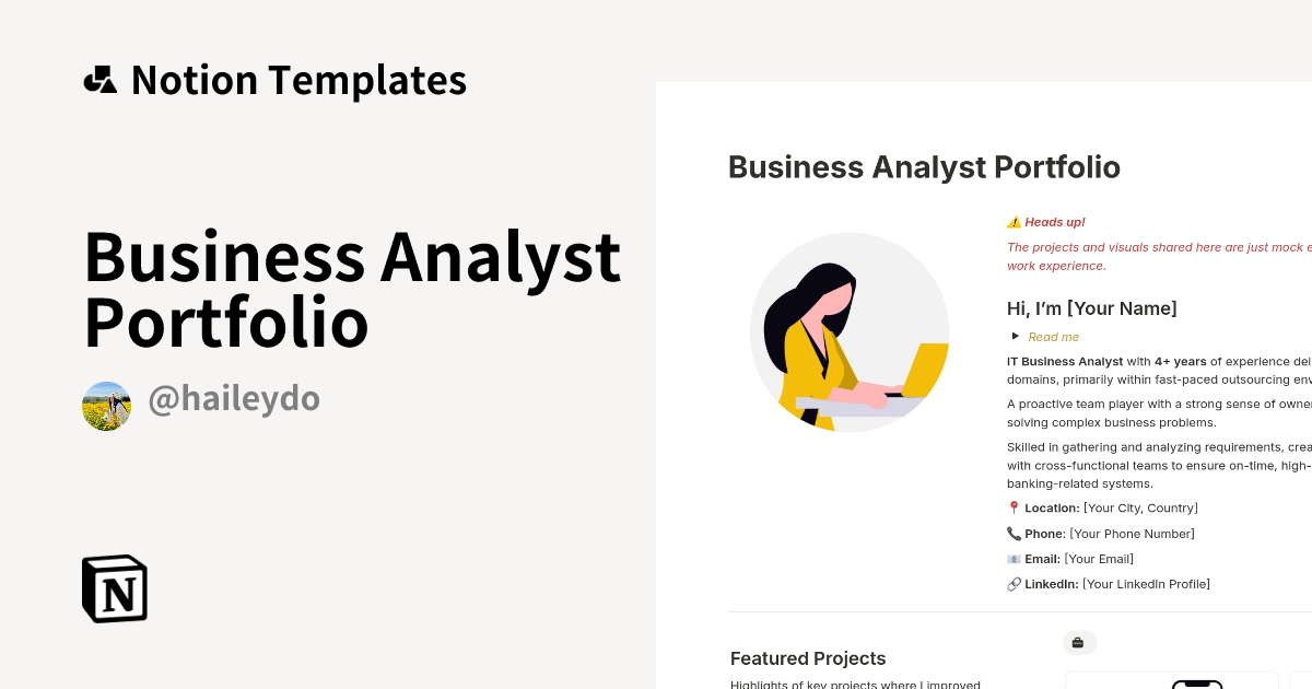 תבנית Business Analyst Portfolio | Marketplace של Notion