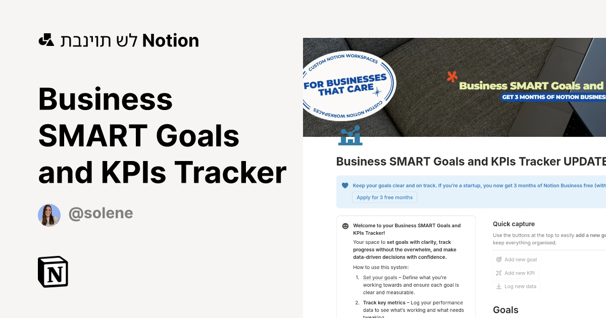 תבנית Business SMART Goals and KPIs Tracker מאת Solene | Marketplace של ...