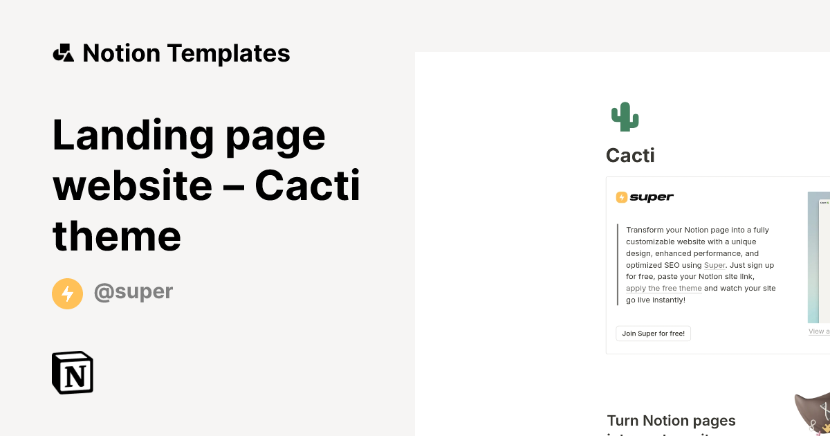 תבנית Landing page website – Cacti theme מאת Super | Marketplace של Notion
