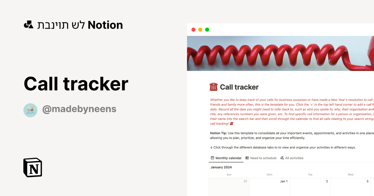 תבנית Call tracker מאת Made by Neens | Marketplace של Notion