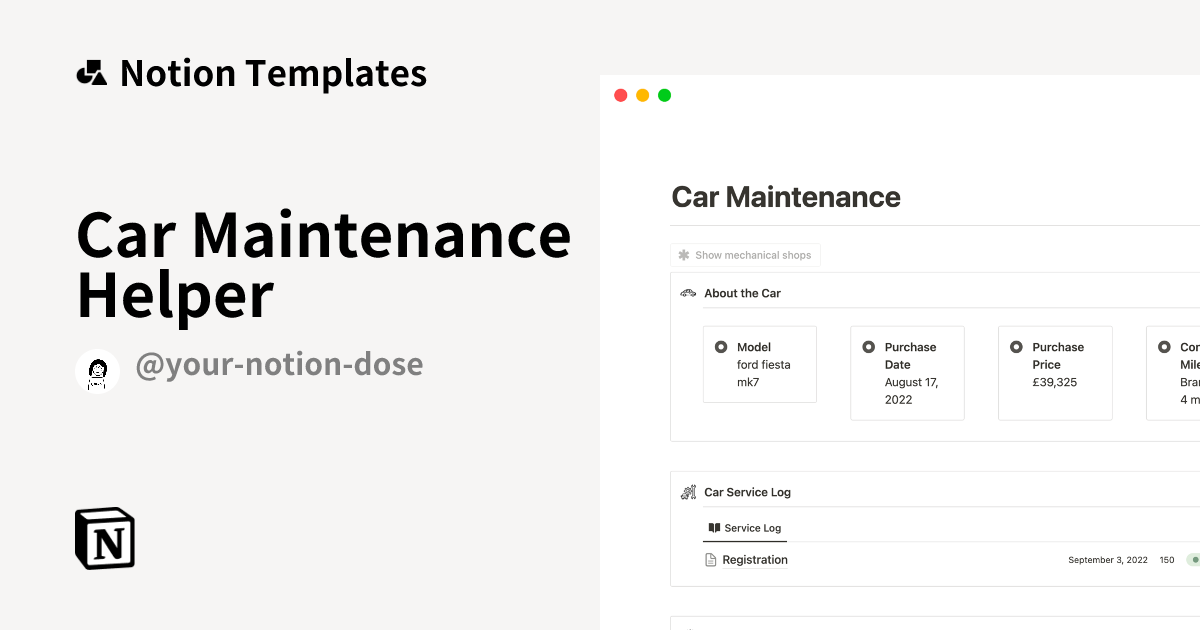 תבנית Car Maintenance Helper מאת Your Notion Dose | Marketplace של Notion