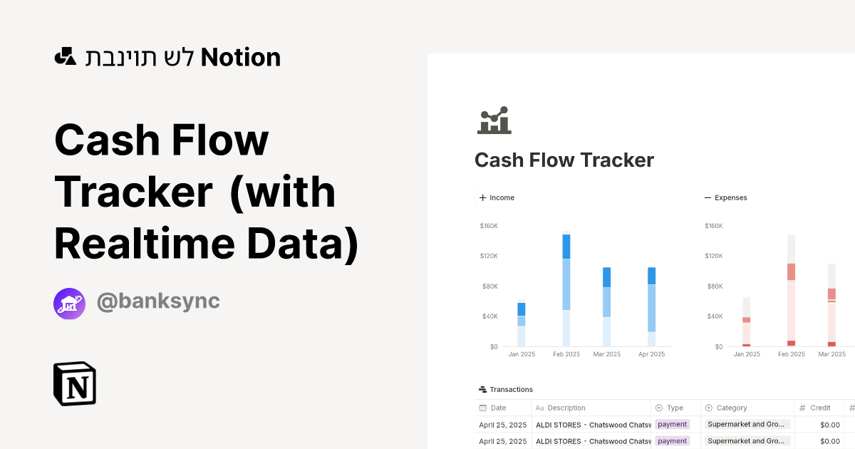תבנית Cash Flow Tracker (with Realtime Data) | Marketplace של Notion