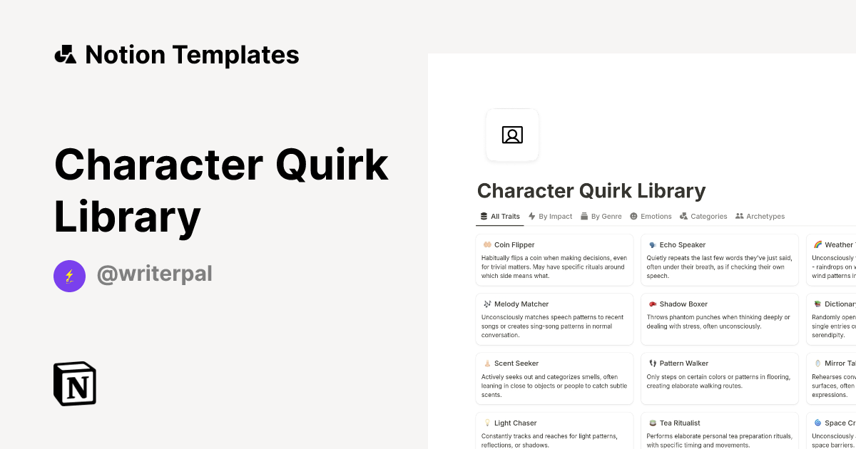תבנית Character Quirk Library | Marketplace של Notion