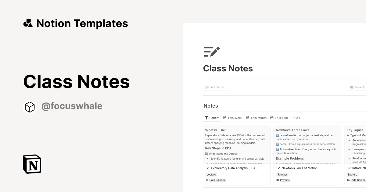 תבנית Class Notes מאת FocusWhale | Marketplace של Notion