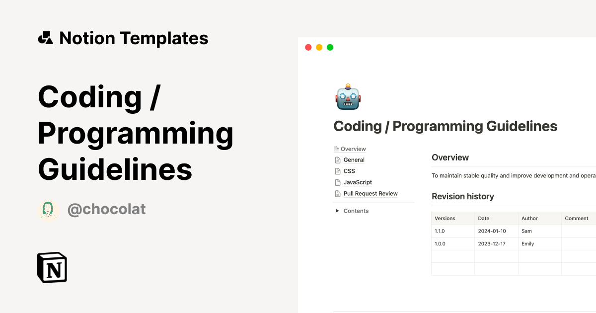 תבנית Coding / Programming Guidelines | Marketplace של Notion