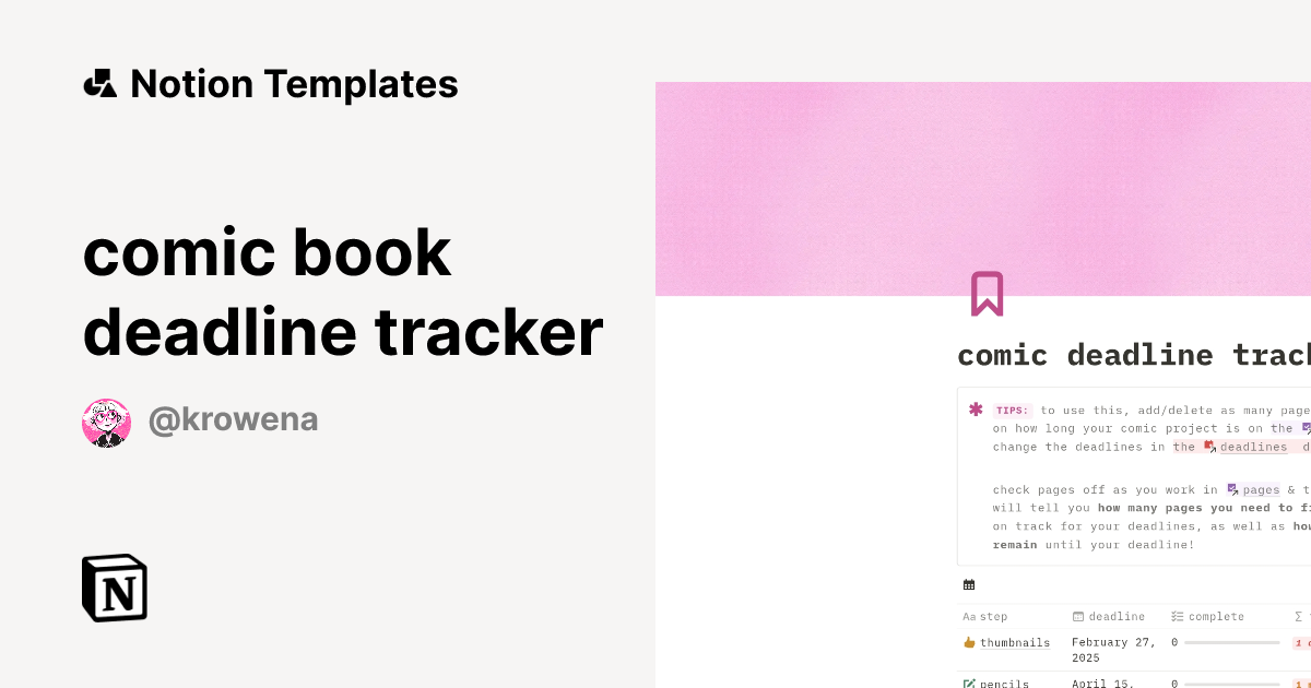 תבנית comic book deadline tracker מאת k. rowena | Marketplace של Notion