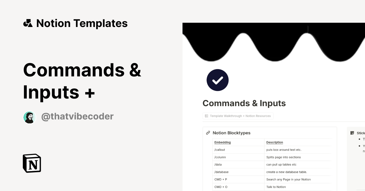 תבנית Commands & Inputs + מאת That Vibe Coder | Marketplace של Notion
