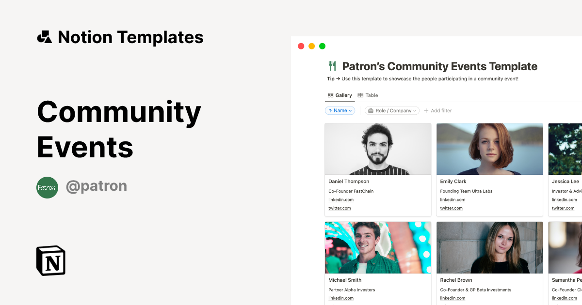 תבנית Community Events מאת Patron | Marketplace של Notion