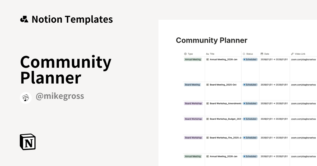 תבנית Community Planner מאת Mike Gross | Marketplace של Notion