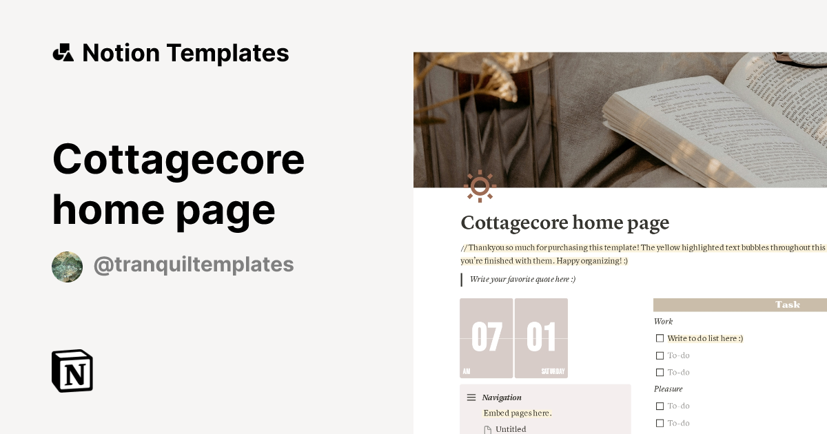 תבנית Cottagecore home page מאת TranquilTemplates | Marketplace של Notion