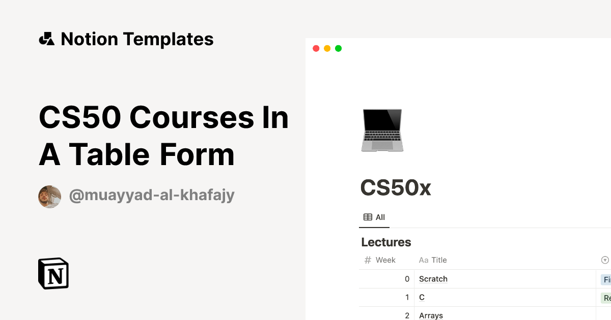 תבנית CS50 Courses In A Table Form | Marketplace של Notion