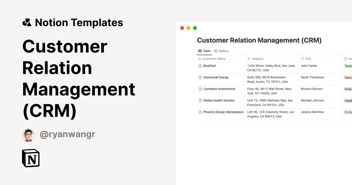 תבנית Customer Relation Management (CRM) | Marketplace של Notion