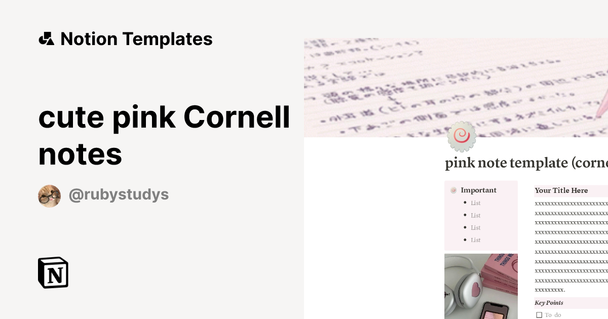 תבנית cute pink Cornell notes | Marketplace של Notion