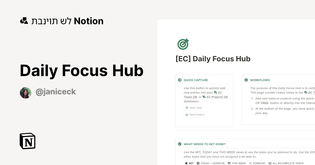 תבנית Daily Focus Hub מאת Janice CK | Marketplace של Notion