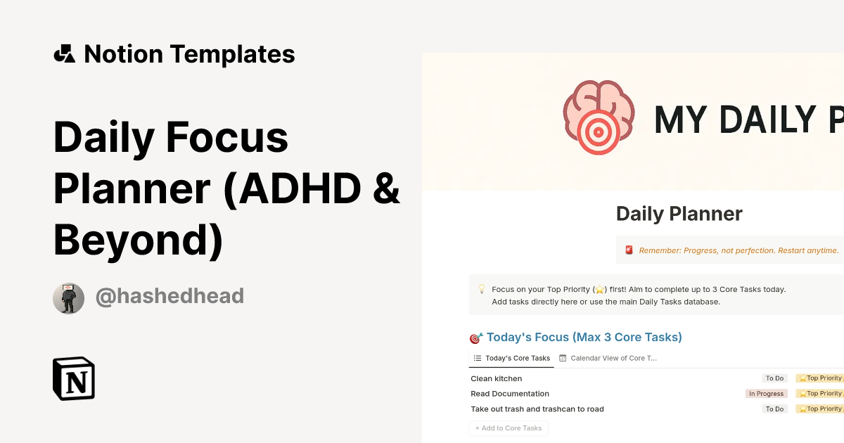 תבנית Daily Focus Planner (ADHD & Beyond) | Marketplace של Notion