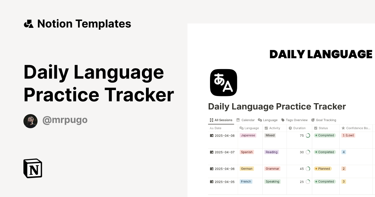תבנית Daily Language Practice Tracker | Marketplace של Notion