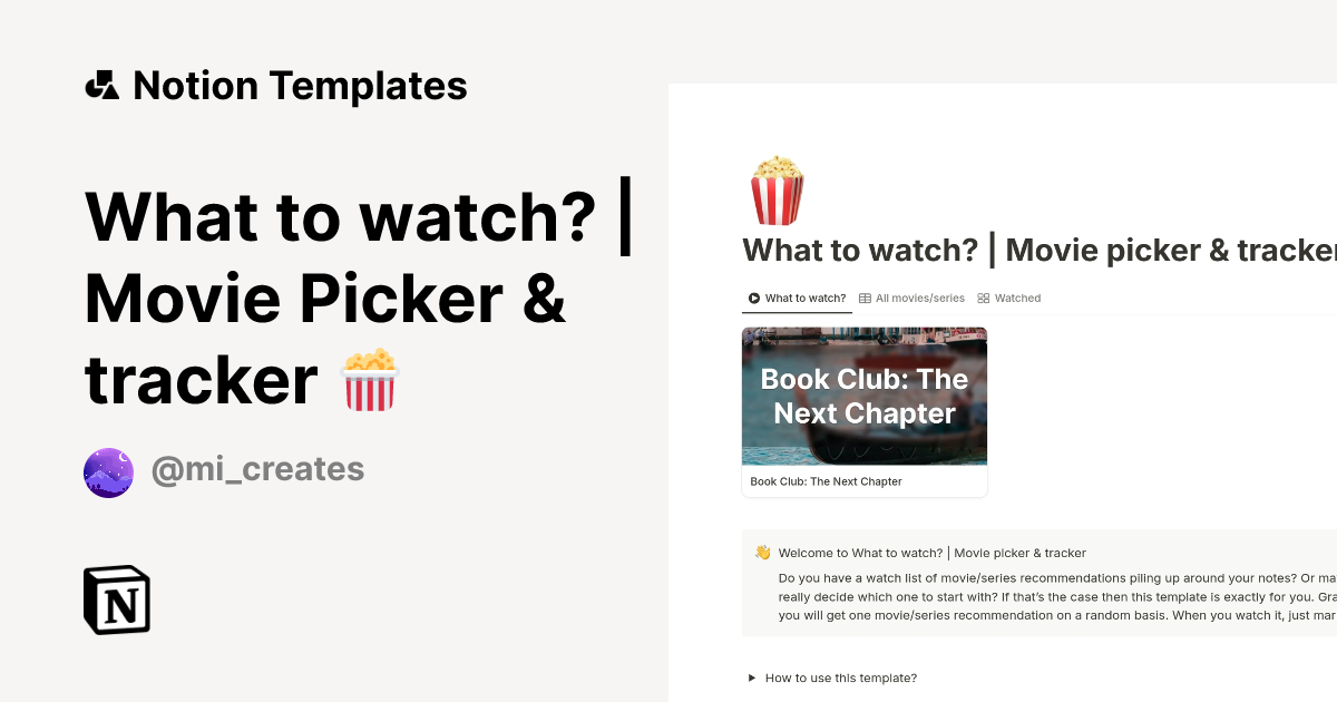 תבנית What to watch? | Movie Picker & tracker 🍿 | Marketplace של Notion