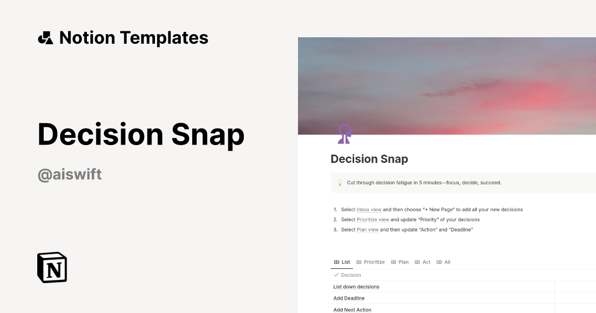 תבנית Decision Snap מאת AiSwift | Marketplace של Notion