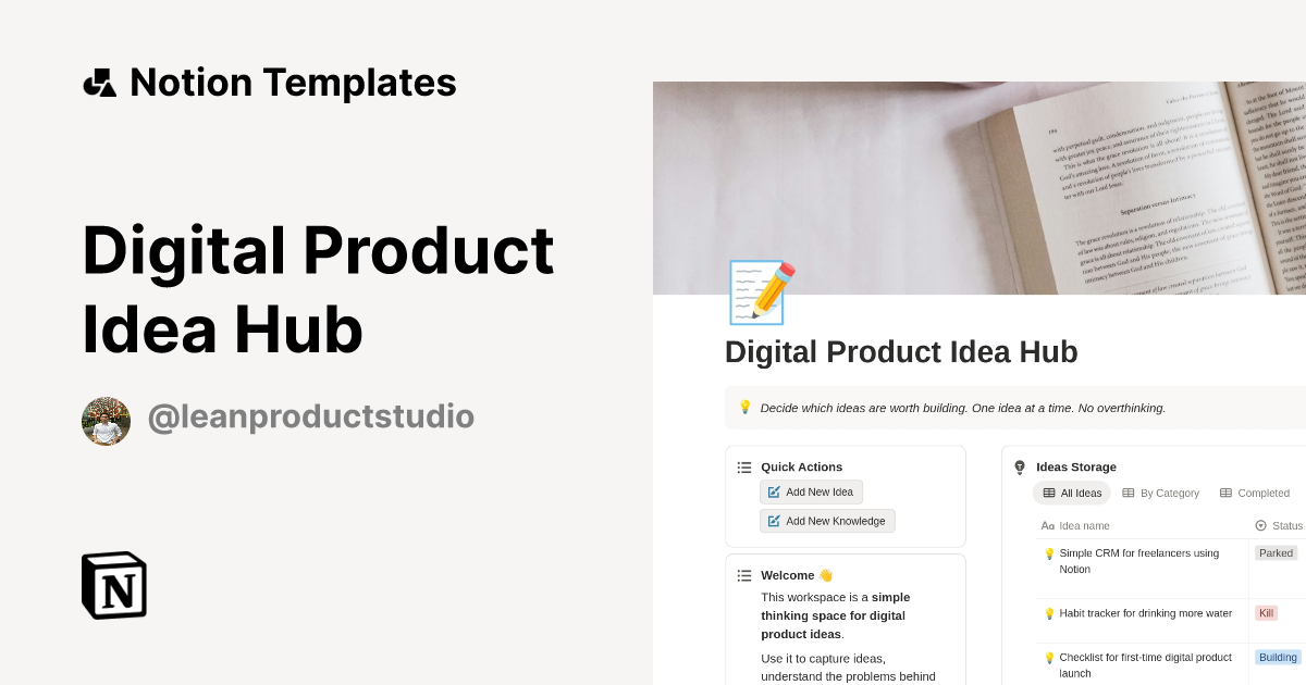 תבנית Digital Product Idea Hub מאת Lean Product Studio | Marketplace של ...
