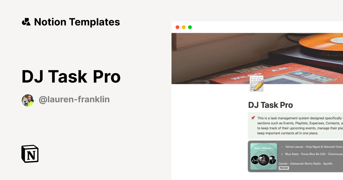 תבנית DJ Task Pro מאת Lauren Franklin | Marketplace של Notion