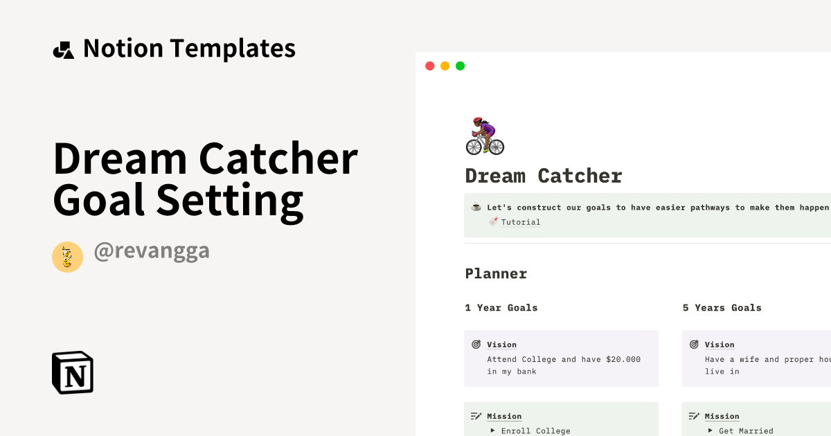 תבנית Dream Catcher Goal Setting מאת revangga | Marketplace של Notion