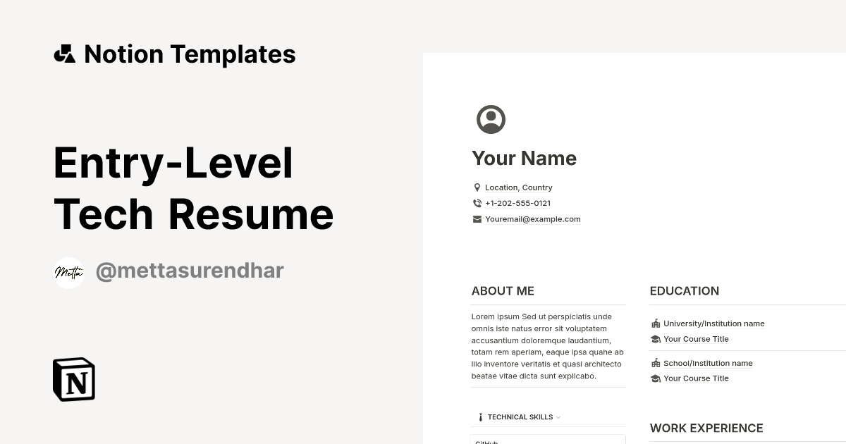 תבנית Entry-Level Tech Resume מאת Metta's Creations | Marketplace של Notion