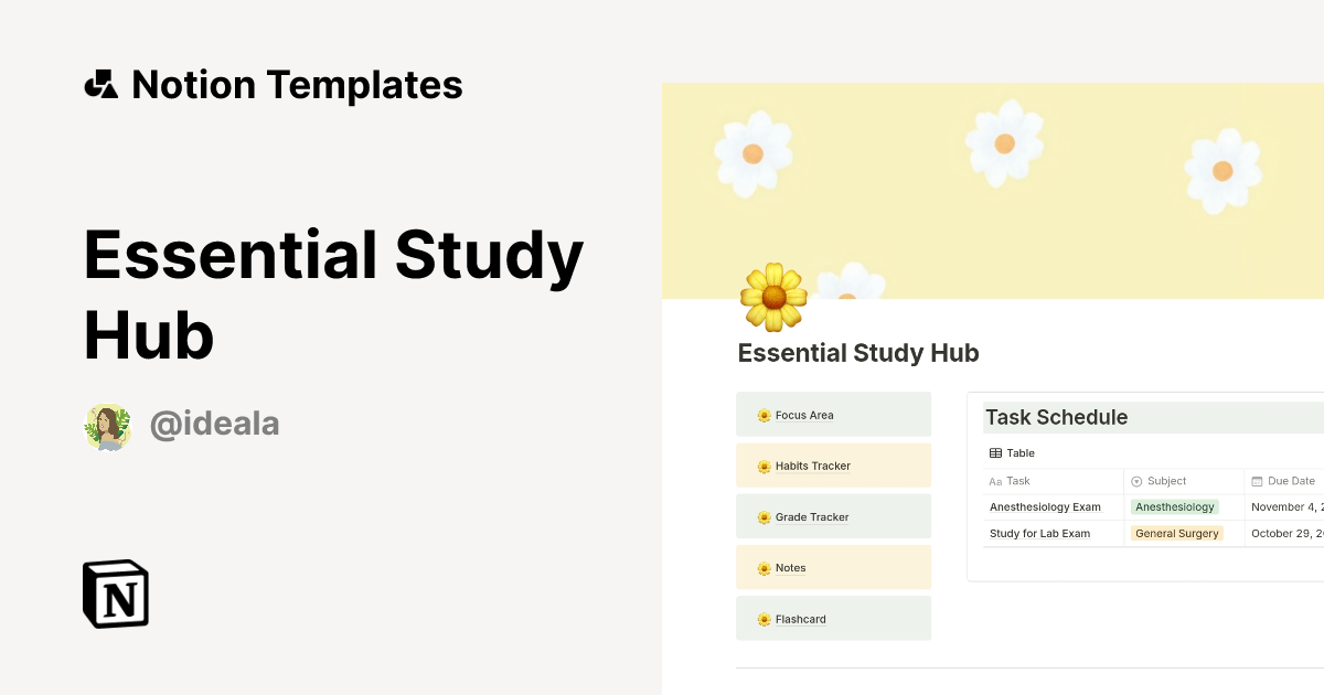 תבנית Essential Study Hub | Marketplace של Notion