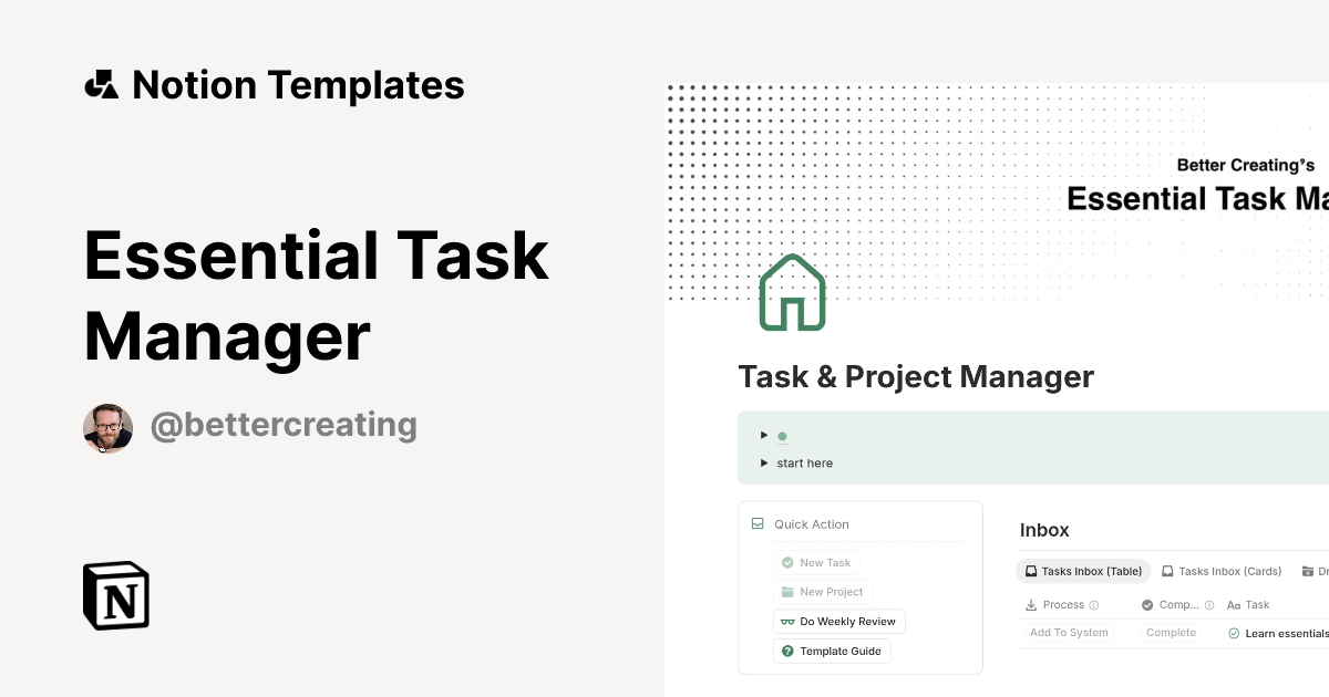 תבנית Essential Task Manager מאת Better Creating | Marketplace של Notion
