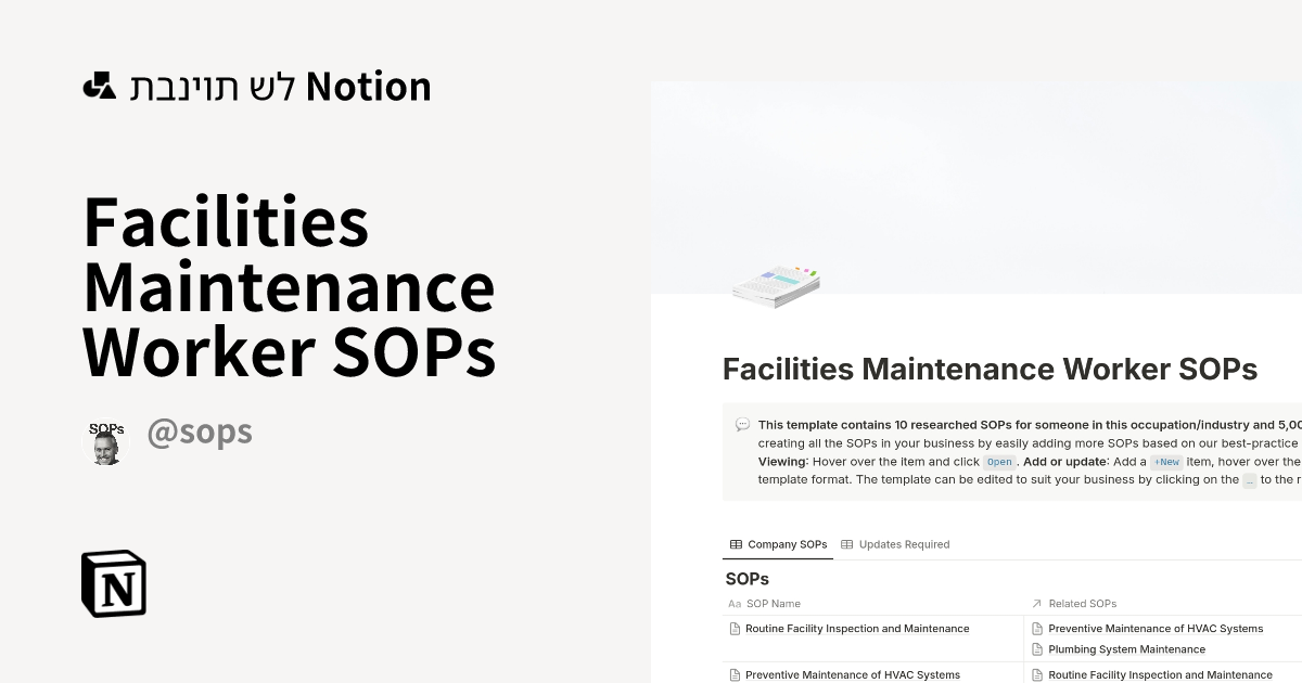תבנית Facilities Maintenance Worker SOPs מאת SOPs | Marketplace של Notion