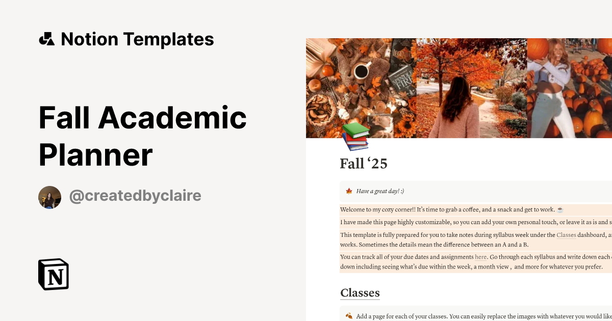 תבנית Fall Academic Planner | Marketplace של Notion