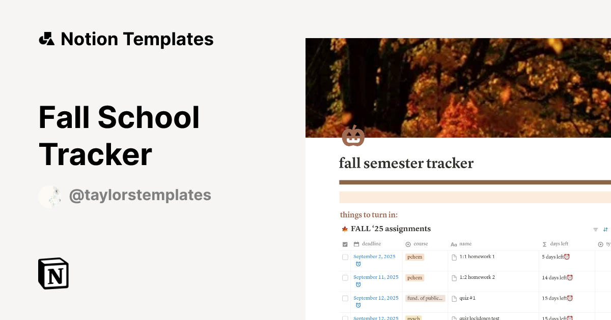 תבנית Fall School Tracker | Marketplace של Notion