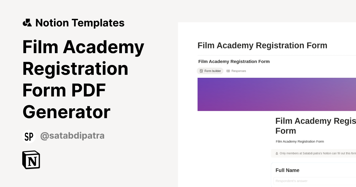 תבנית Film Academy Registration Form PDF Generator | Marketplace של Notion