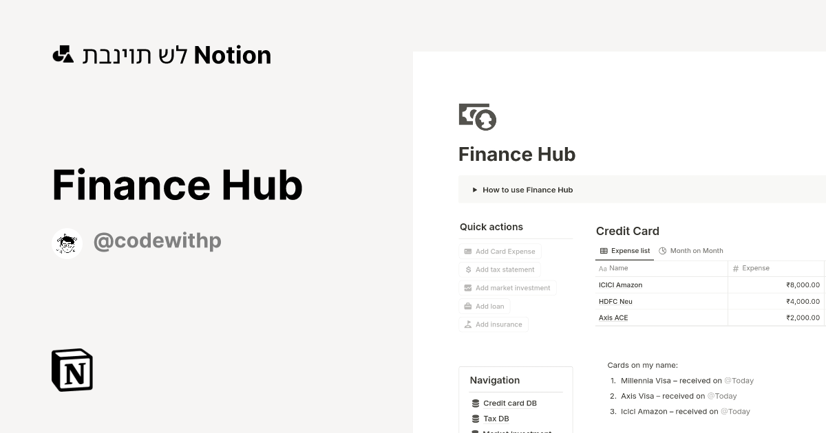 תבנית Finance Hub | Marketplace של Notion