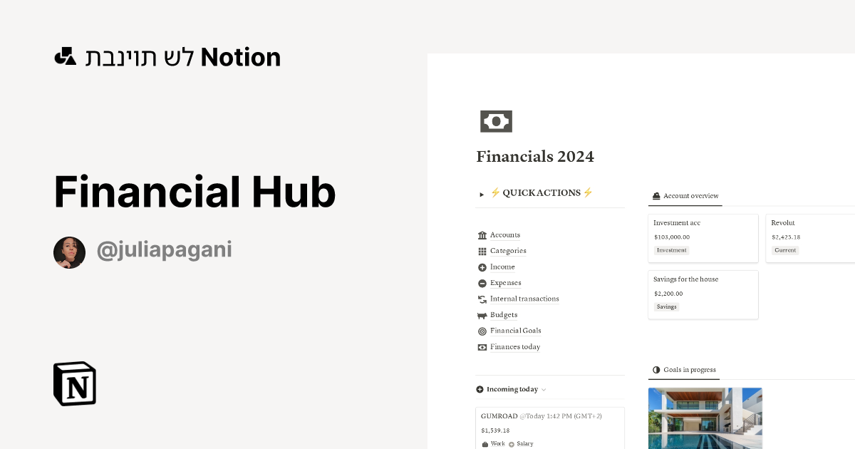 תבנית Financial Hub מאת Julia Pagani | Marketplace של Notion