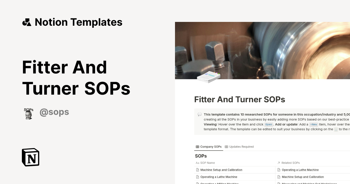תבנית Fitter And Turner SOPs מאת SOPs | Marketplace של Notion