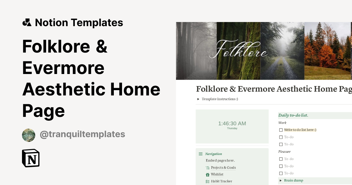 תבנית Folklore & Evermore Aesthetic Home Page | Marketplace של Notion