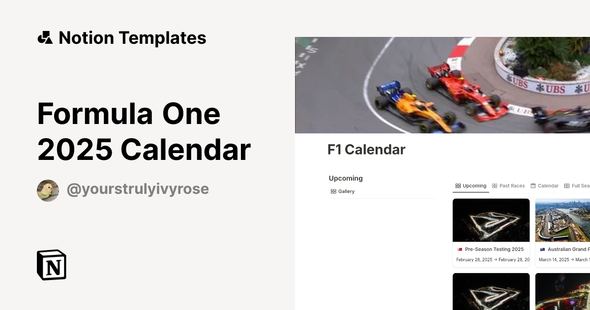 תבנית Formula One 2025 Calendar | Marketplace של Notion