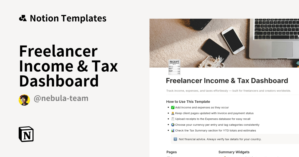 תבנית Freelancer Income & Tax Dashboard | Marketplace של Notion