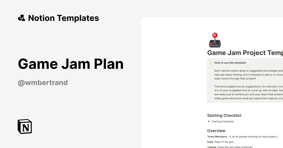 תבנית Game Jam Plan מאת William | Marketplace של Notion