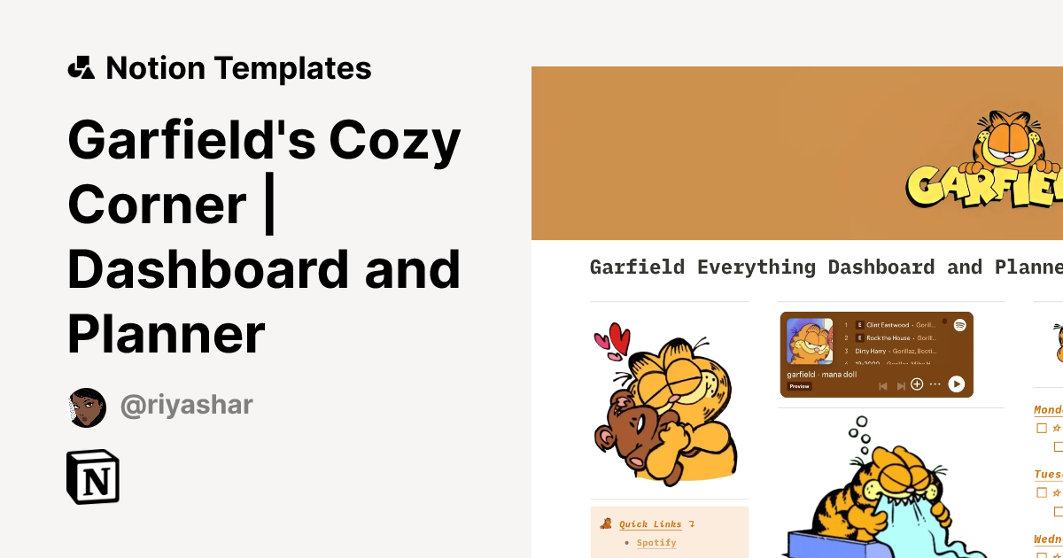תבנית Garfield's Cozy Corner | Dashboard and Planner מאת RiyaArranged ...