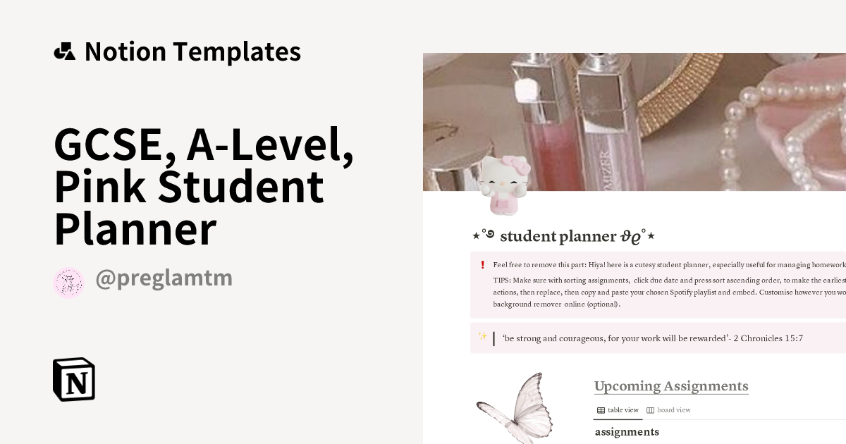תבנית GCSE, A-Level, Pink Student Planner | Marketplace של Notion