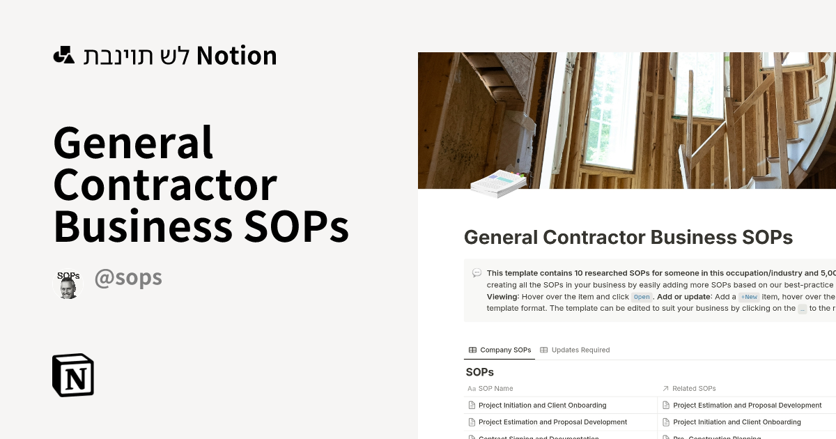 תבנית General Contractor Business SOPs | Marketplace של Notion