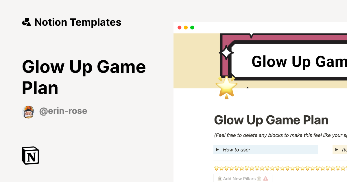 תבנית Glow Up Game Plan | Marketplace של Notion