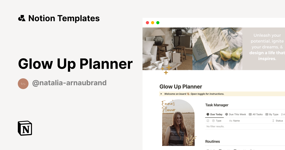 תבנית Glow Up Planner מאת Natalia - Arnau Brand | Marketplace של Notion