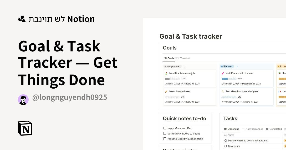 תבנית Goal & Task tracker מאת Long Nguyen | Marketplace של Notion