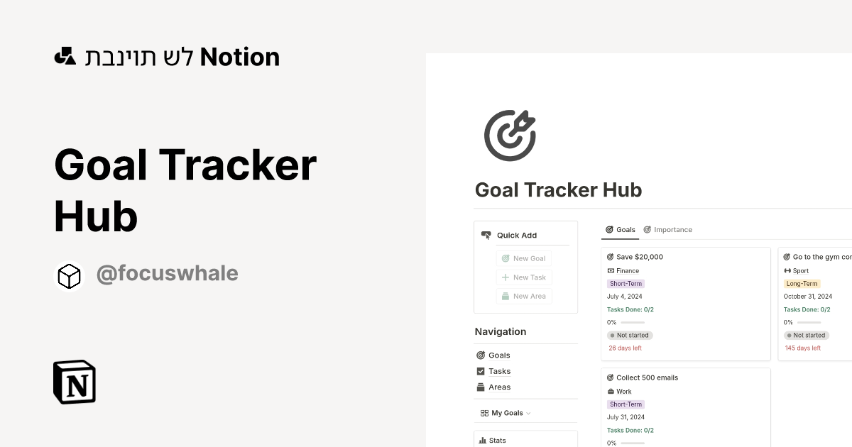 תבנית Goal Tracker Hub מאת FocusWhale | Marketplace של Notion