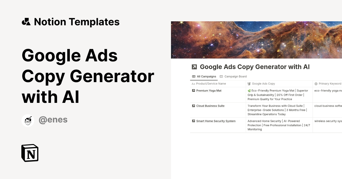 תבנית Google Ads Copy Generator with AI מאת Enes | Marketplace של Notion